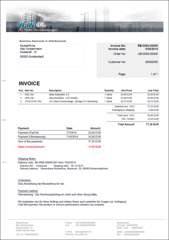 JTL Wawi Druckvorlagen - ENGLISCH (Design 01) - WaWi-DL, 25,00